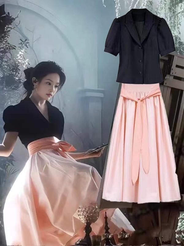 ・柄: 無地・スカート丈: ロング・流行要素: 3D/立体柄・工艺: パッチワーク・素材名: TR・主素材成分: その他・主素材成分2: その他・主素材成分2含有率: 50%以上70%未満・カラー展開: ブラックトップ、ピンクスカート、ブラ...