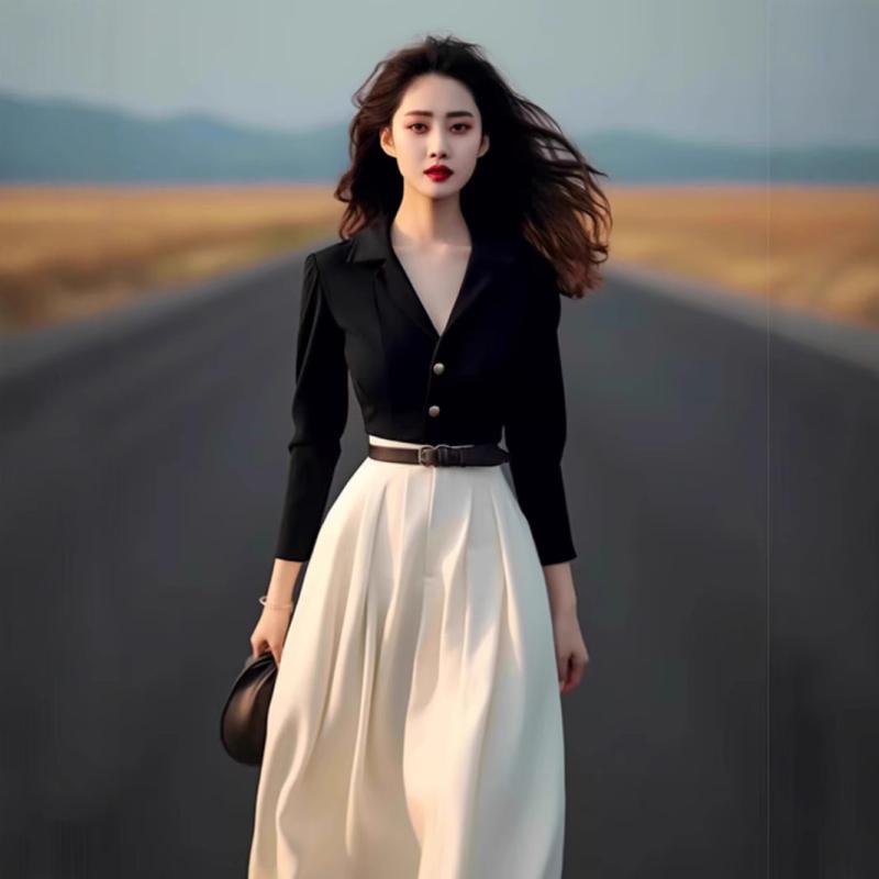 ・カテゴリ: スカートセット・スタイル: 通勤・柄: 無地・主な素材: ポリエステル80-90%・スカート丈: ミドル・袖丈: 長袖・カラー展開: ブラック上衣+ホワイト半裙,ブラック上衣,ホワイト半裙・サイズ展開: S,M,L,XL