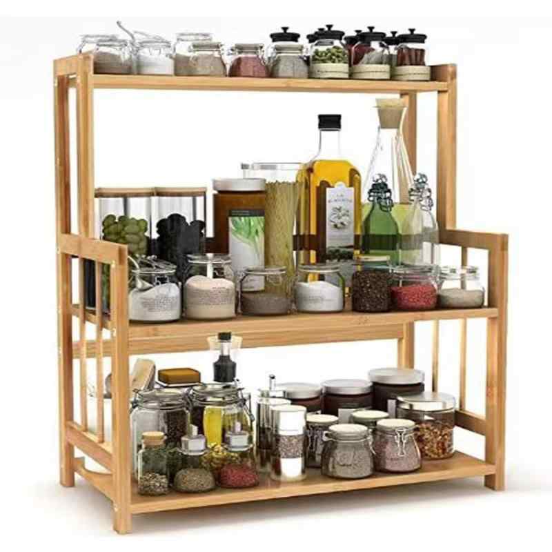 OIWAI キッチンラック 多機能のキッチン収納ラック 花棚 書棚 卓上整理 3段ナチュラル 省スペース 収納ラック 台所収納ラック 調味料棚 包丁収納機能付き 調味料ラック 竹製 (42*18*50cm)