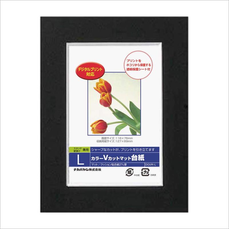 ナカバヤシ Digio「カラーVカットマット台紙」 Lサイズ ブラック DGVM-L-D [オフィス用品]製品概要:カラーVカットマット台紙 プリントをホコリから保護する透明保護シート付。スタンド・壁掛け兼用タイプ L判