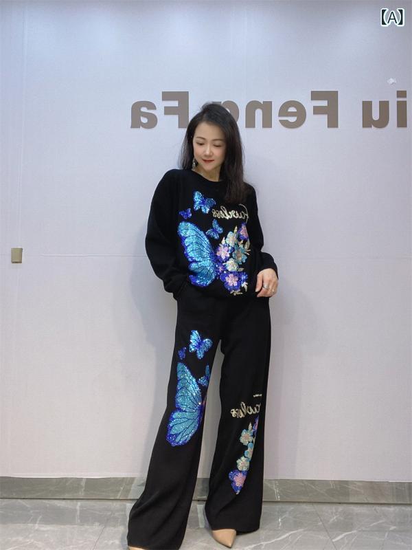 ・カテゴリ: 休闲套装・スタイル: 日韩休闲、韩系风、舒适休闲・主な素材: 涤纶（聚酯纤维）50%〜70%、氨纶30%以下・柄: 植物花卉・パンツ丈: 長裤・流行要素: 镶钻・加工: 烫钻・カラー展開: 黒色、红色、绿色・サイズ展開: 均码...