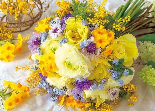 アップルワン(APPLEONE) 500-313 幸せのチアフルブーケ 500ピース(53×38cm) ジグソーパズル 日本製～花言葉～ ラナンキュラス・・・華やかな魅力。 ワスレナグサ・・・誠の愛。真実の友情。 ミモザ（アカシア）・・・感...