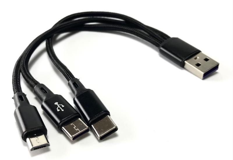 Access 【 5A急速充電 20cm 】 USB 2.0 三股ケーブル 2重編み, USB 2.0 A オス to 2 タイプC オス &amp; マイクロUSB オス 分岐ケーブル, 多機能3 in 1 ケーブル + マイクロファイバ...