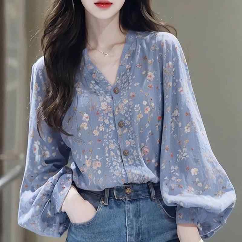 ・カテゴリ: シャツ・柄: フラワー・袖丈: 長袖・袖型: ランプシェード袖・スタイル: 都市・スタイル: 通勤・ネックライン: Vネック・フィット: ルーズ・カラーバリエーション: ブルー・サイズ展開: S、M、L、XL、2XL・フロント...