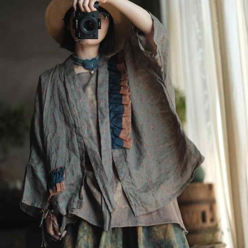・カテゴリ: シャツ・スタイル: 復古風・主な素材: 麻100%・柄: 印花・袖丈: 長袖・版型: ワイドシルエット・衣長: 普通・領型: ノーラペル・袖型: スタンダード・流行要素: コントラストカラー・カラー展開: 虞美人・サイズ展開: 均码