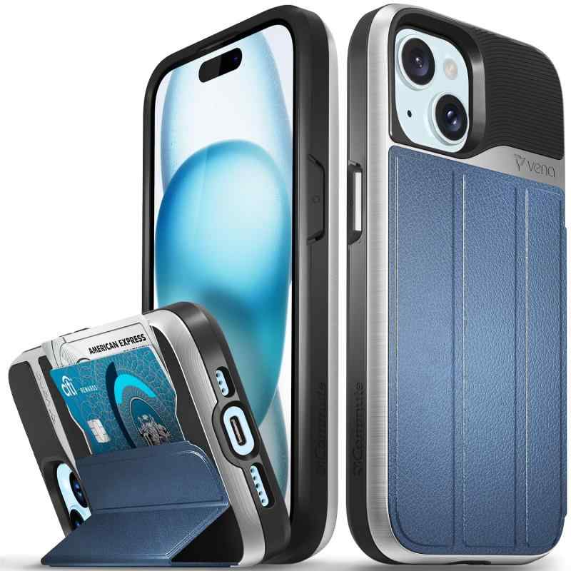 VENA vCommute ウォレットケース Apple iPhone 15 (6.1 インチ) 対応 (軍用グレード落下保護) フリップレザーカバー カードスロットホルダー キックスタンド付き - スペースグレー/ブラック[iPhone ...