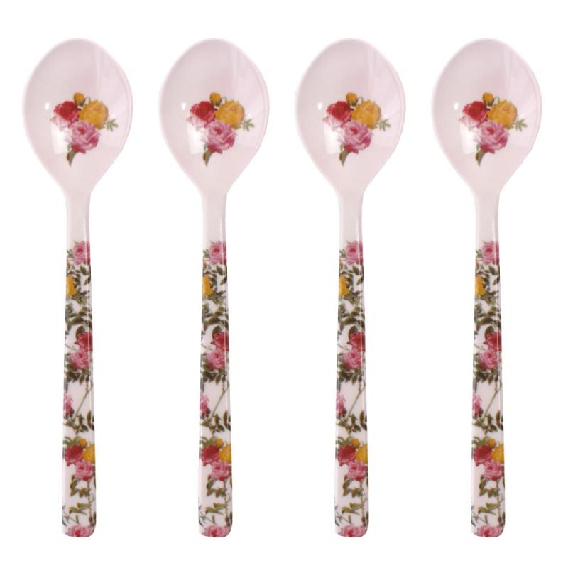 カトラリー ローズ カトラリー 4本セット華やかな薔薇柄のカトラリーメラミン素材でとても軽いので、小さなお子様から年配の方まで幅広くお使いいただけますアウロドアにもおすすめです【サイズ】長さ14.3cm　耐熱温度：30～120℃ メラミン