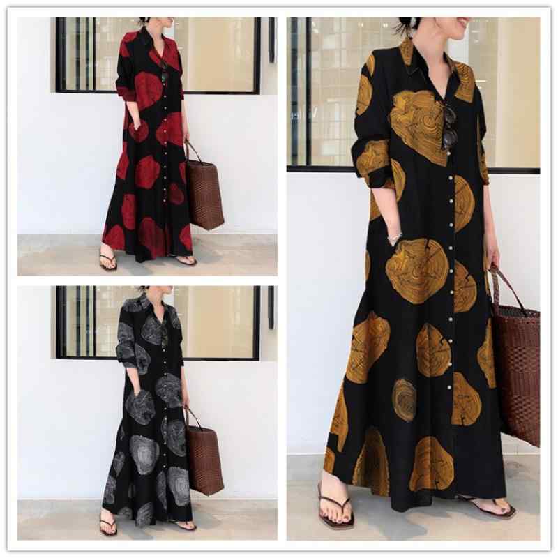 ・柄: 植物花卉・主な素材: 腈纶・カラー展開: ブラック、赤、黄・サイズ展開: M、L、XL、2XL、3XL、4XL・スタイル: 通勤・スカート型: フリル・ネックライン: シャツカラー・主な素材含有量: 95%以上・スカート丈: ロング...