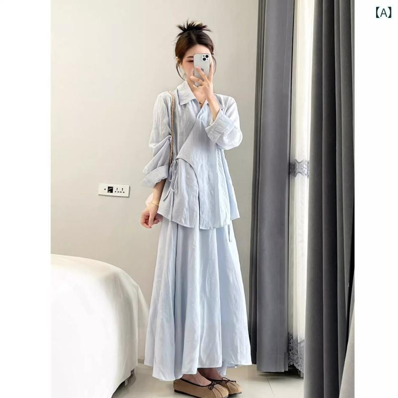 ・柄: 無地・丈: ロング・流行要素: 紐・素材: ポリエステル・主素材: ポリエステル30-50%・スタイル: 通勤・タイプ: スカートセット・対象: 女性・袖型: 標準・袖丈: 長袖・カラー展開: ブルー、ブラック・サイズ展開: S、M...