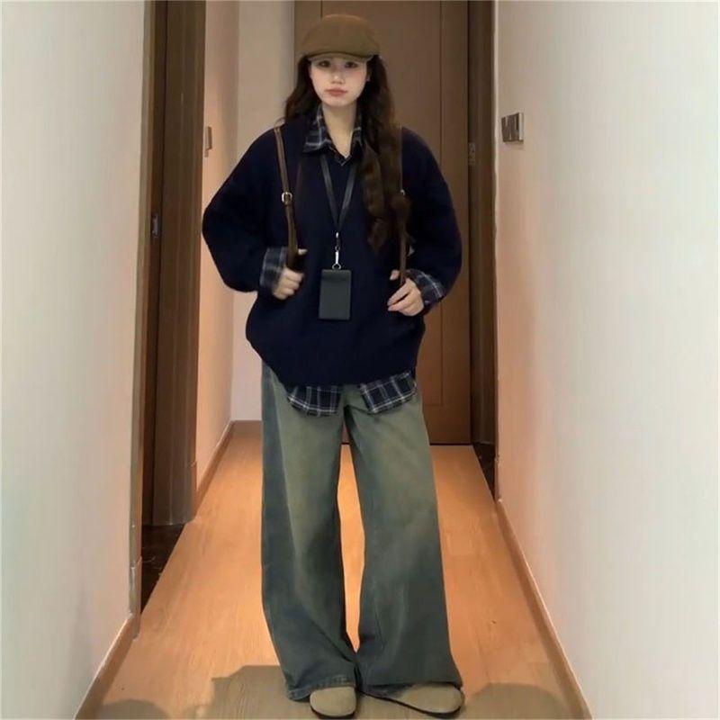 ・カテゴリ: 休闲套装・スタイル: 清新甜美、甜美風・主な素材: ポリエステル・主な素材含有量: 50%（含）-70%（不含）・性別: 女性・袖型: 通常袖・袖丈: 長袖・カラー展開: ダークネイビー格子シャツ、ダークネイビーセーター・サイ...