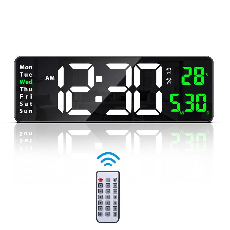 デジタルLED時計 目覚まし時計 置き時計 卓上時計 時間 日付 曜日 温度 カレンダー表示 明るさ調整 調光可能 大画面 2つアラーム機能 デュアルアラーム 防水 大音量 USB充電 省エネ 寝室 オフ【16インチ多機能リモコン壁時計】時...