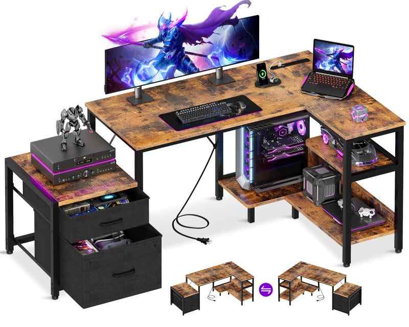 AODK ゲーミングデスク 引き出し2杯 パソコンデスク コンセント付き l字デスク 棚付き デスク 机 幅140/160 pcデスク desk 収納 オフィスデスク 在宅勤務 仕事用 組立簡単