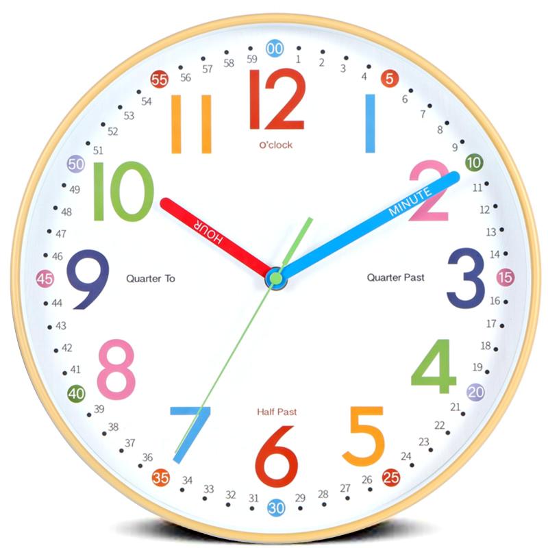 Nbdeal 知育時計 掛け時計 連続秒針 静音 直径30cm カラフルな文字盤