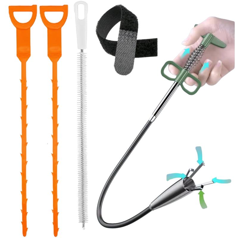 トイレ異物除去器、長さ60cmの新型ステンレス製クロー、排水浚渫清掃ブラシ（4点セット）。ホースクローは詰まった異物を取り除き、ヘアクリーナーは排水管の浚渫と清掃に使用します。【アップグレードされたハンドルで操作しやすく、ステンレス製の爪先...