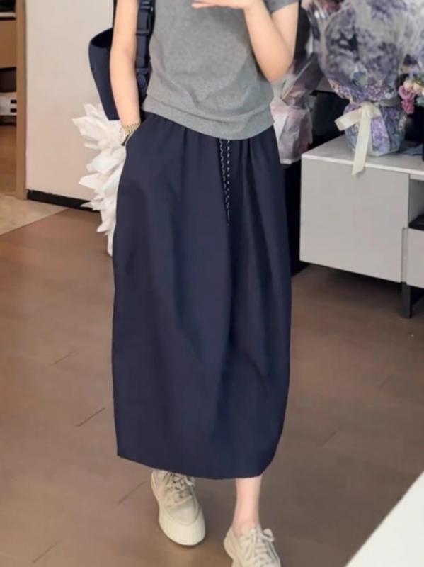・カテゴリ: 半身裙・スタイル: 休闲风・主な素材: 綿70-80%・スカートタイプ: 花苞裙・スカート丈: 中長・流行要素: 口袋・カラー展開: 藏青色、白色・サイズ展開: M、L、XL