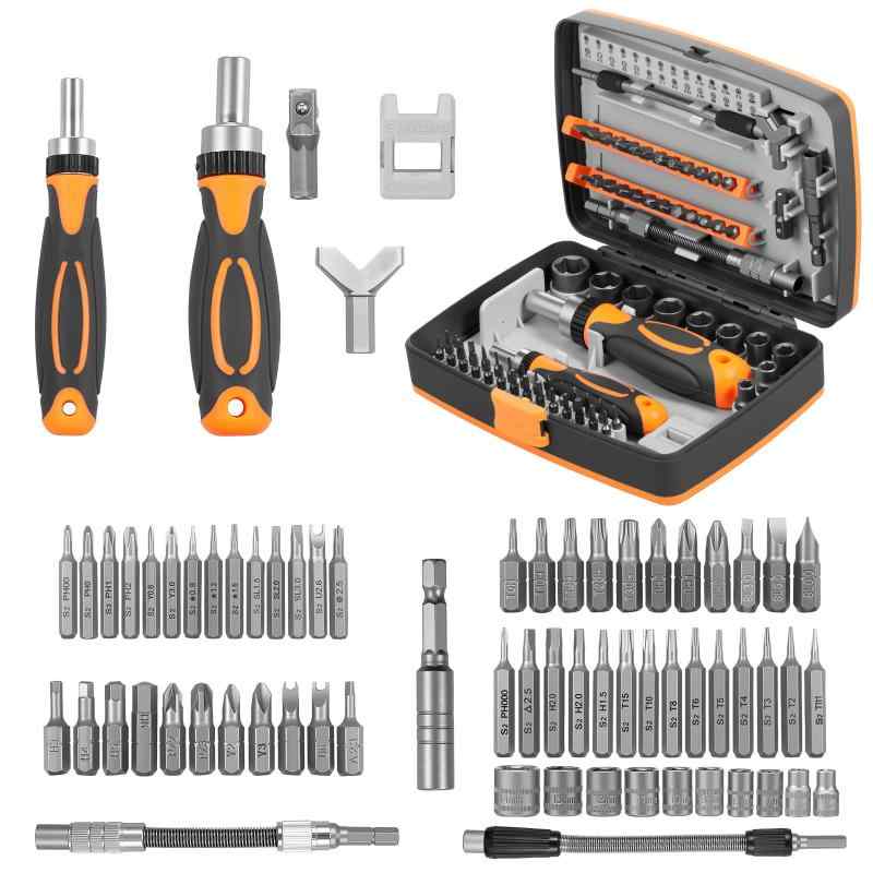 ラチェットドライバーセット 68 in 1 ソケットセット&amp;磁気ドライバービットセット 回転可能なラチェットハンドル エクステンションバー 収納ケース付き コンピューター/バイク/車/電子機【多機能セット】68 個の精密ドライバービ...