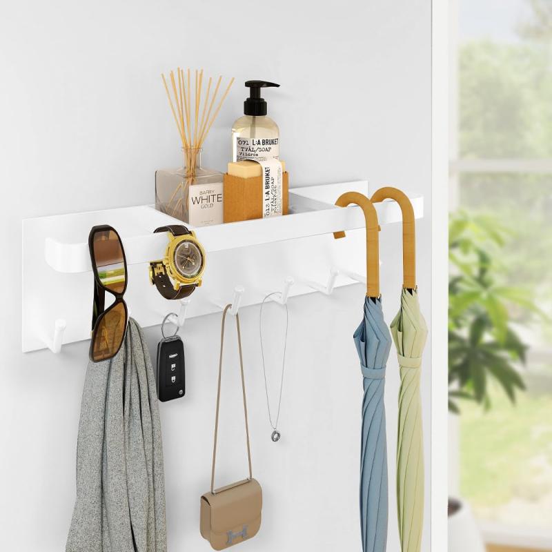 C-J-W アンブレラホルダー マグネット フック付き アンブレラスタンド トレー付き マグネット 傘立て 玄関ドア用 ホワイト 玄関 小物収納マグネット傘立て、玄関ドア用