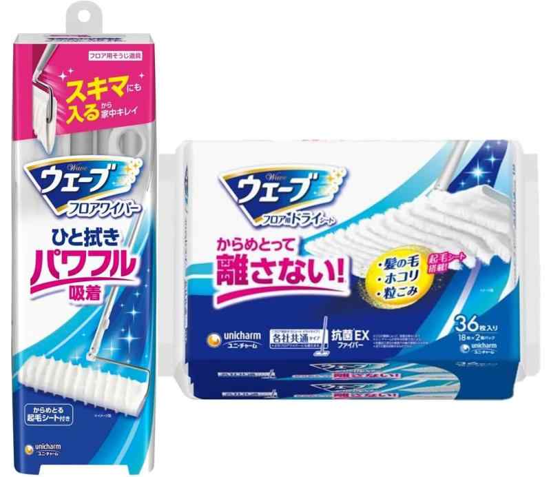 【まとめ買い】ウェーブ フロア用掃除用品 本体 + ドライシート 超毛束 36枚ヘッドの厚み16mmの薄型フルフラット構造で、あきらめていたわずか2cmのスキマまで入り込み奥まで拭きとれる立てても使える360°全面拭きヘッドで、平面も縦のス...
