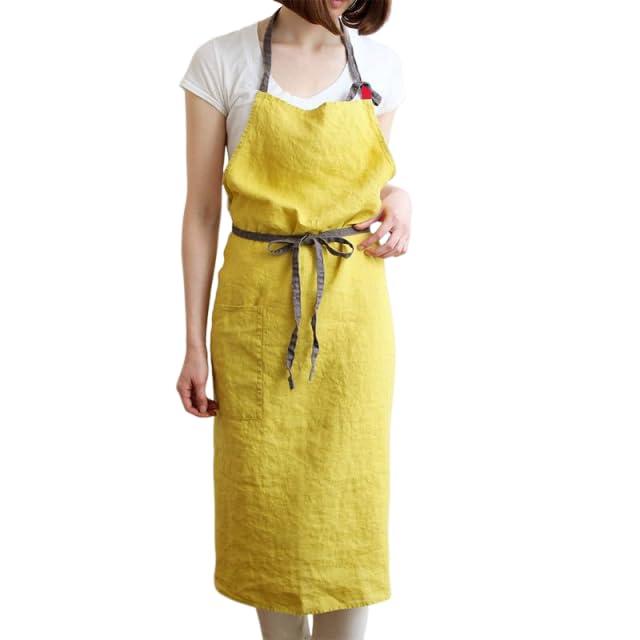 [JOYAIYI] エプロン カフェ風 リネンおしりが隠れるシンプルポケット付き 前掛けポケット付き無地 家庭用エプロンは男女兼用【使いやすいリネン素材】100%リネンのしっかりとした生地感です。《リネン》は、繊維の中に汚れをはじく成分「ペ...