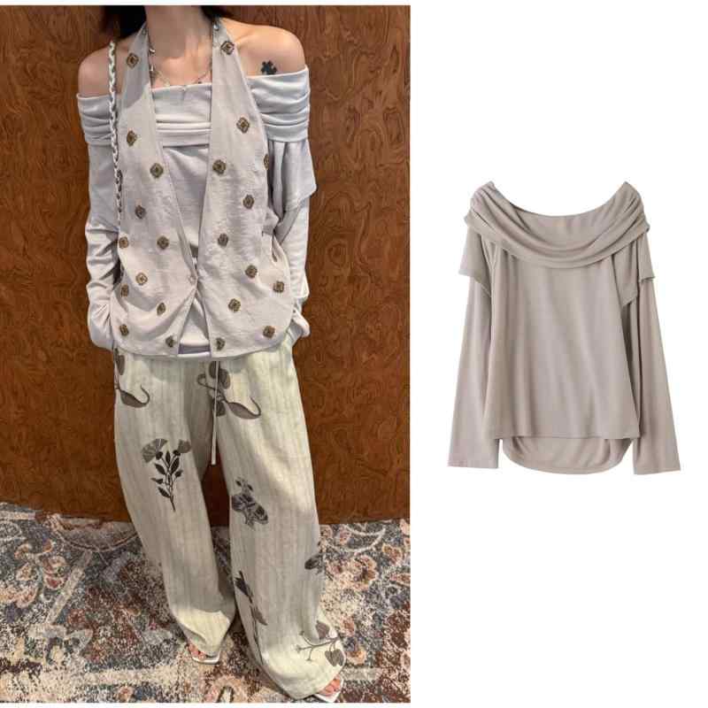 ・カテゴリ: Tシャツ・スタイル: 通勤風・主な素材: 天絲（ライセル繊維）・袖丈: 長袖・ネックライン: 一文字領・版型: 直筒型・袖型: 通常袖・流行要素: スプライス・カラー展開: グレー・サイズ展開: S、M、L