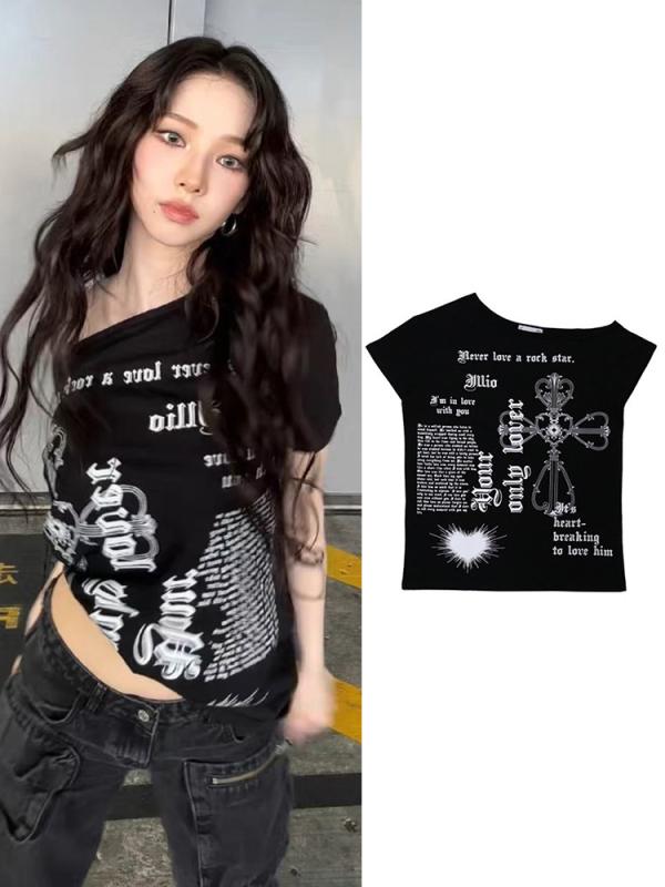 ・カテゴリ: Tシャツ・スタイル: 韓系風・主な素材: 綿95%以上・袖丈: 短袖・袖型: 通常袖・ネックライン: ボートネック・柄: 文字・衣丈: ミディアムロング・版型: ルーズフィット・流行要素: 3Dプリント・カラー展開: ブラック...