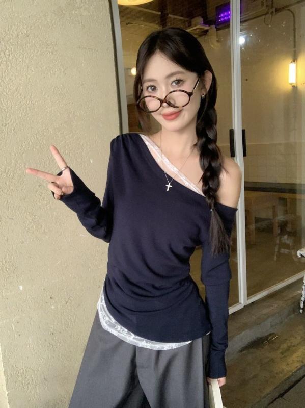 ・カテゴリ: Tシャツ・スタイル: 通勤・主な素材: ポリエステル70%-80%・袖丈: 長袖・ネックライン: 斜め襟・流行要素: レース・カラー展開: ホワイト、ブルー・サイズ展開: S、M、L、XL