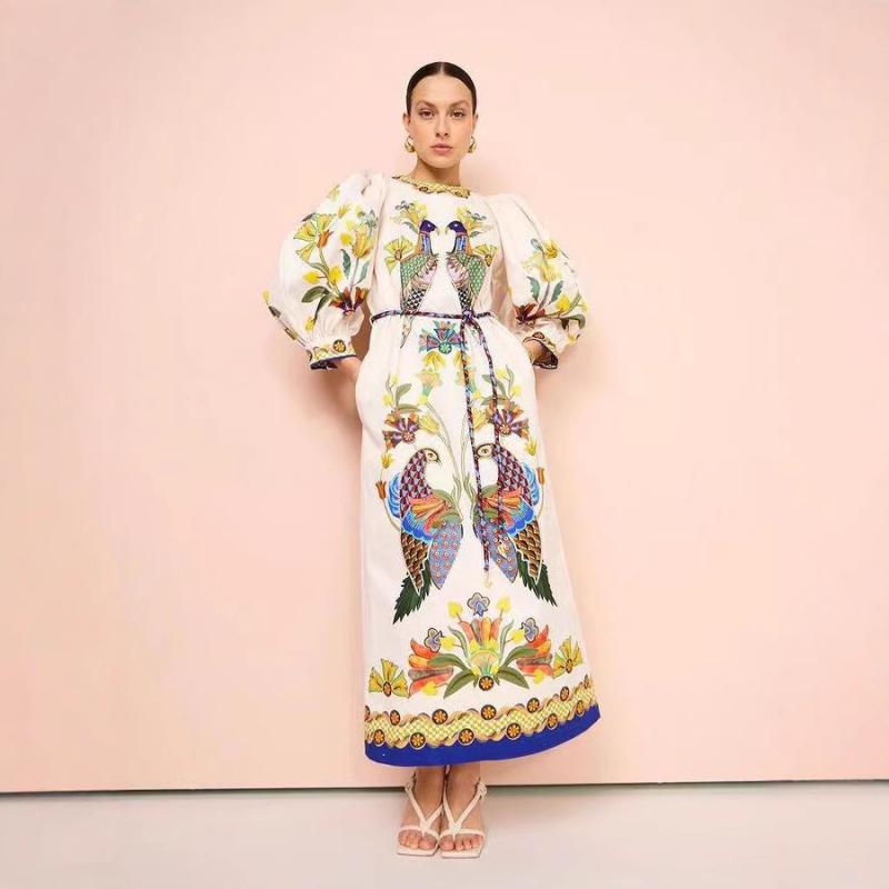 ・カテゴリ: 連衣裙・スタイル: 通勤風・主な素材: 麻50%～70%、ポリエステル30%～50%・プリント: 動物柄・袖丈: 五分袖・ネックライン: ラウンドネック・スカート丈: ミディアムロング・スカートタイプ: スリット・ウエスト: ...