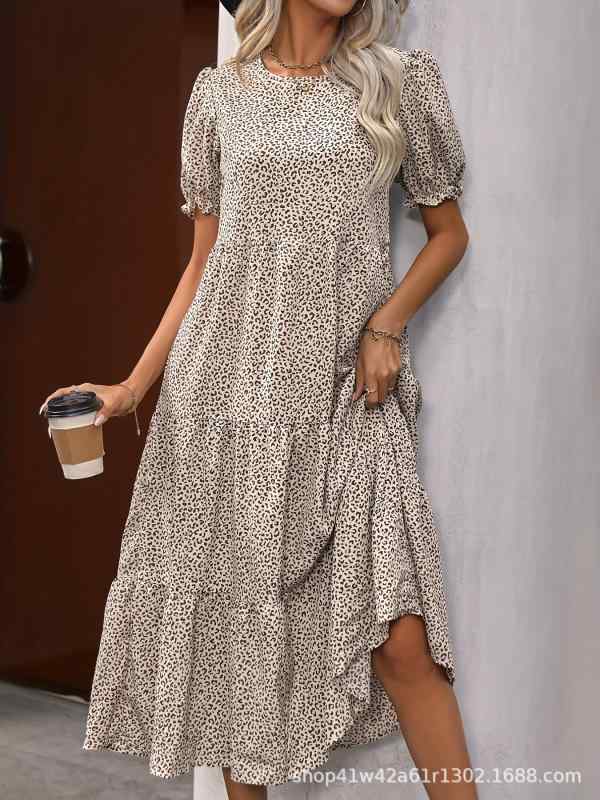 ・カテゴリ: 連衣裙・スタイル: 清新甜美・主な素材: ポリエステル95%以上・パターン: 豹纹・プリント: 印花・スカート丈: 中長・スカートタイプ: 蛋糕裙・ネックライン: 圆领・スリーブタイプ: 泡泡袖・袖丈: 短袖・ウエスト位置: ...