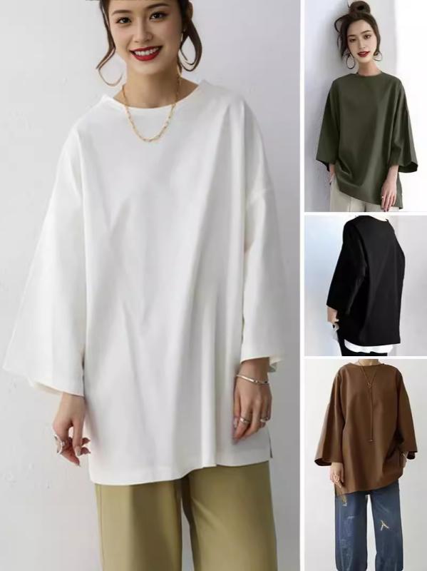 ・カテゴリ: Tシャツ・スタイル: 都市風、気質通勤、快適休闲・主な素材: ポリエステル95%以上・柄: 無地・ネックライン: クルーネック・袖丈: 七分袖・袖型: 通常袖・衣丈: 中長丈・版型: ゆったり・流行要素: スリット・カラー展開...