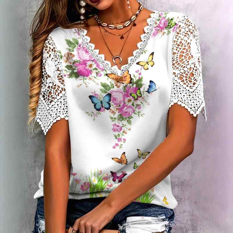 ・カテゴリ: Tシャツ・主な素材: ポリエステル90-95%、スパンデックス30%以下・柄: 植物花卉・スタイル: 気質通勤、優雅・袖丈: 短袖・袖型: 花瓣袖・ネックライン: Vネック・フィット: スリムフィット・衣丈: 普通(50-65...