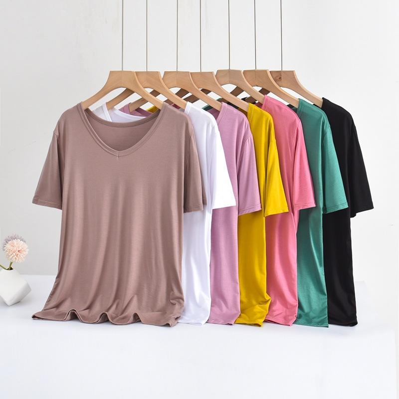 ・カテゴリ: Tシャツ・スタイル: 甘美風・主な素材: モダール90%～95%・柄: 無地・ネックライン: Vネック・袖丈: 短袖・袖型: 通常袖・カラー展開: 黒、緑、黄、カーキ、水晶紫、虾粉、黒白領、白黒領、白カーキ領、白・サイズ展開:...
