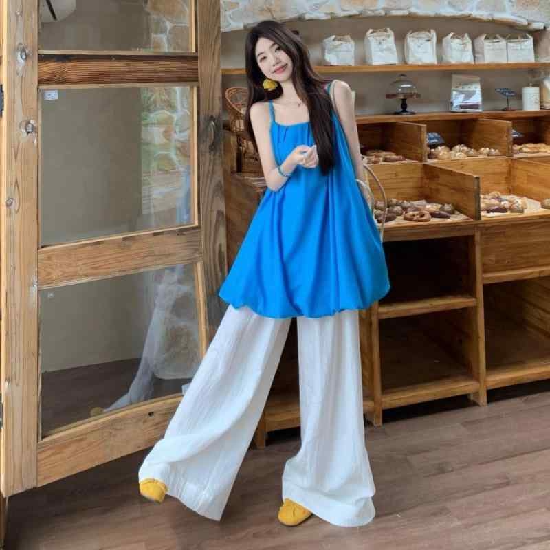 ・スタイル: 通勤風・カテゴリ: 休闲套装・セットタイプ: 裤套装・袖丈: 無袖・パンツ丈: 長丈・カラー展開: ブルー、アプリコット・サイズ展開: S,M,L,XL,2XL