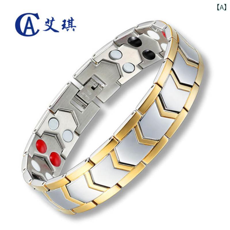 ・スタイル: 男式・形状: 几何型・スタイル分類: ins風, 個性風潮・デザイン: 负离子手链・素材: 钛钢・仕上げ: 镶金・カラー展開: 钛钢間金色, 钛钢黒間金色・カテゴリ: 手飾