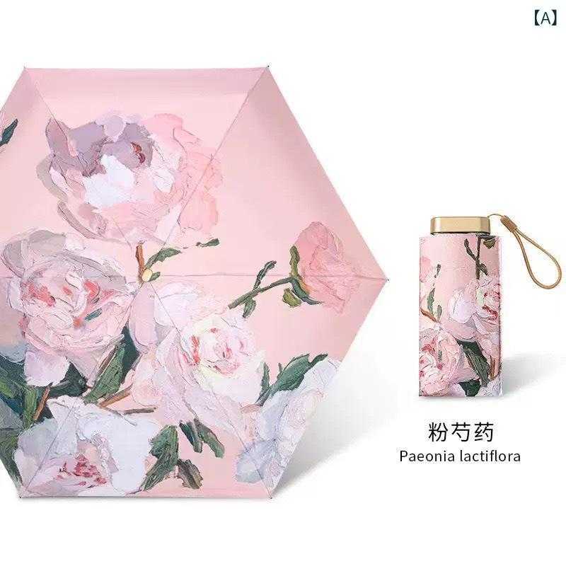 ・スタイル: 六折・形状: 太陽・機能: 防晒・デザイン要素: 油画・カラー展開: 粉芍薬、白玫瑰、麦田、月下玫瑰、芋紫、桜花粉、浅緑色、空色、曜石黒、墨緑色、藏藍色、米白・スタイル: クリエイティブトレンド・紫外線防晒指数: UPF50以上