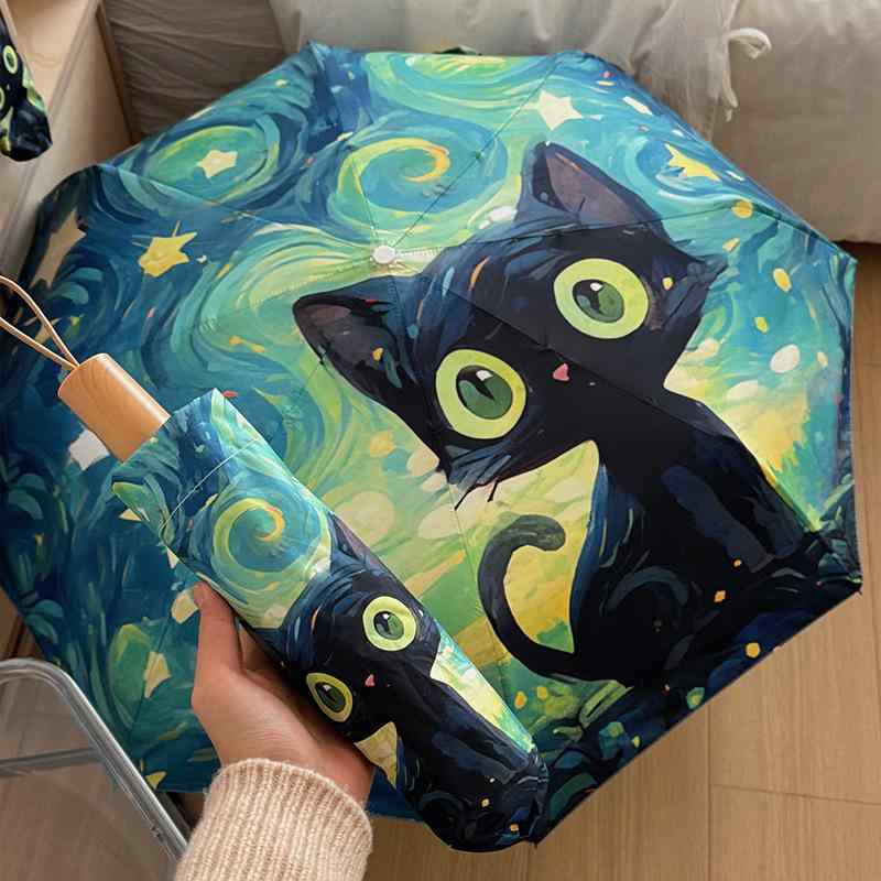 ・カテゴリ: 晴雨傘・スタイル: 卡通・生地素材: 碰击布・生地加工: 黒胶・生地密度: 190T・骨素材: 纤维・中棒素材: 鉄・開閉方式: 手動・自動・柄: 星空猫・カラー展開: 緑系・UVカット指数: PA+++
