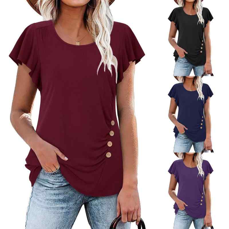 ・カテゴリ: Tシャツ・スタイル: 気質通勤・主な素材: ポリエステル95%以上、アクリル系繊維30%以下・柄: 無地・袖丈: 短袖・袖型: フリル袖・版型: ゆったり・衣長: 中長丈・ネックライン: クルーネック・流行要素: ボタン・カラ...