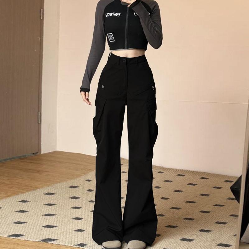 カーゴパンツ レディース ハイウエスト ストレート 工装パンツ 美脚 微フレア ワイドパンツ カジュアル スパイシー風 メイラード系 オールシーズン・素材: 梭織生地、ポリエステル、スパンデックス・パンツタイプ: フレアパンツ・丈: ロング...