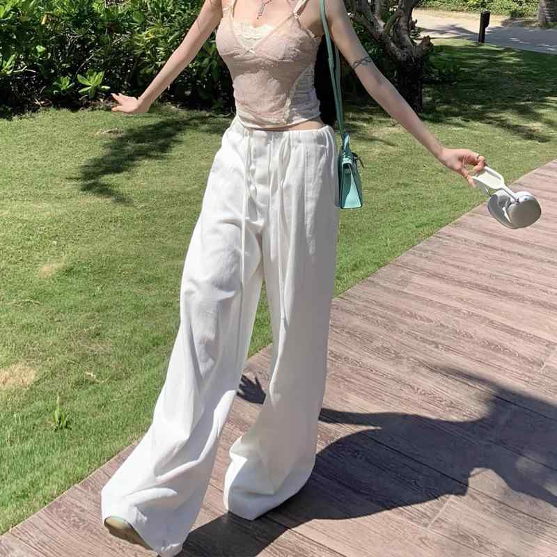 ・カテゴリ: 休闲裤・スタイル: 日韩休闲・主な素材: 麻50%（含）-70%（不含）・カラー展開: 白色・サイズ展開: XS、S、M、L・形状: 直筒型・丈: 長丈・ウエスト: 高腰・厚み: 通常・流行要素: 口袋・伸縮性: 微弾