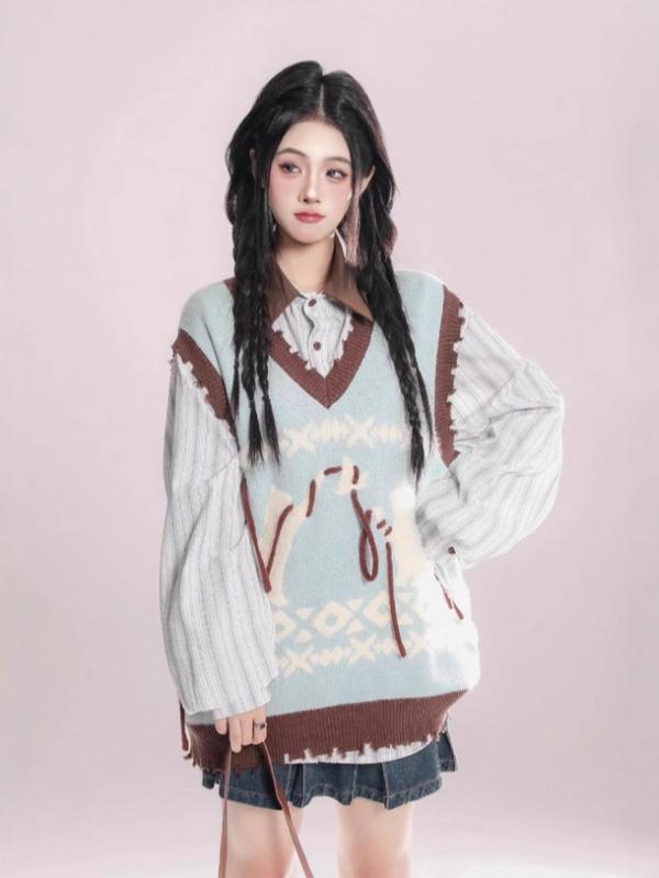 ・スタイル: 清新甜美、学院風・タイプ: セットイン・衣丈: 普通丈(50cm<衣長≤65cm)・ネックライン: Vネック・柄: 動物柄・流行要素: 紐・素材名: アクリル・主素材: アクリル・カラー展開: ブルー・サイズ展開: 均一...