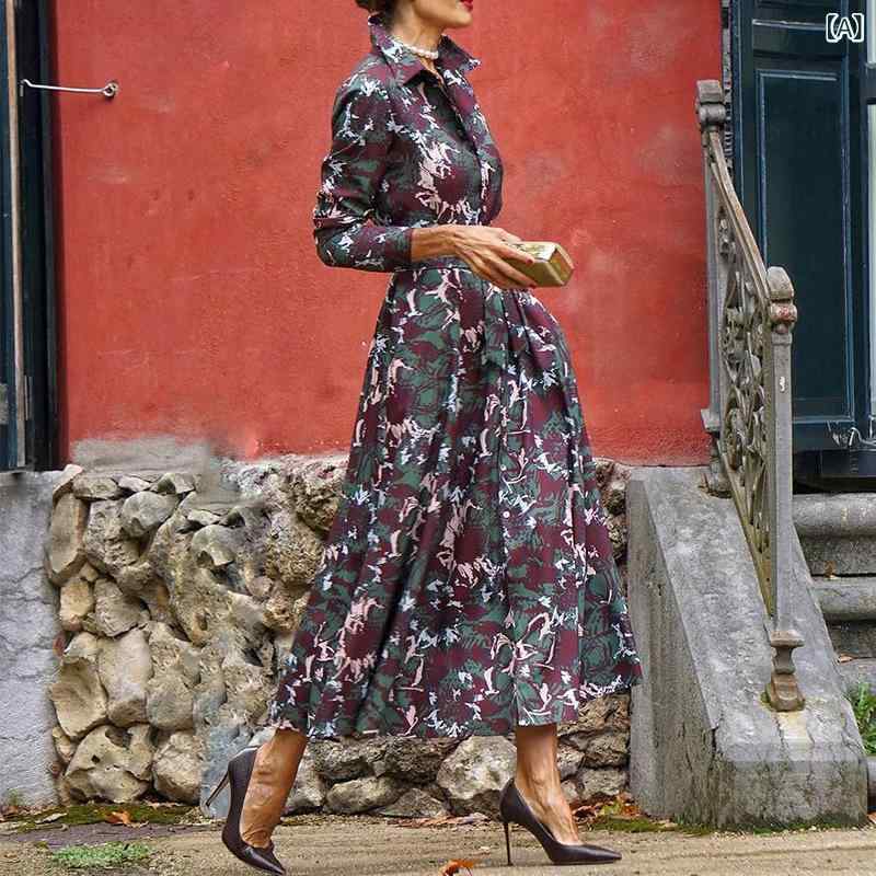 ・カテゴリ: 連衣裙・スタイル: 通勤風・柄: 幾何模様・プリント: 印花・タイプ: 開衫・スカート丈: ロング・スカート型: Aライン・ネックライン: ラペル・袖型: 標準・袖丈: 長袖・ウエスト位置: ミッドライズ・流行要素: ウエスト...