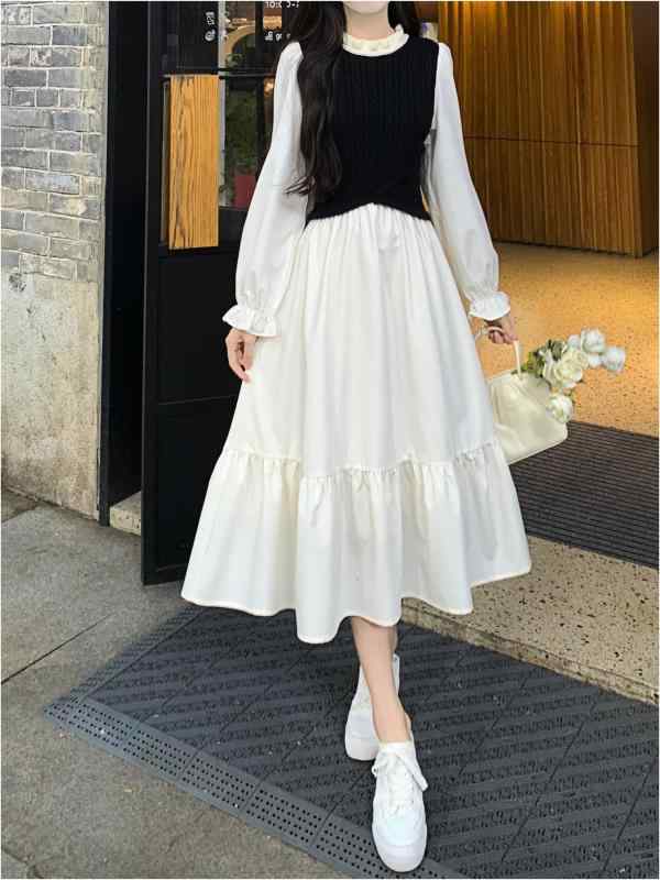・スタイル: 通勤風・カテゴリ: 連衣裙・主な素材: ニット混紡・柄: その他・加工: その他・デザイン: セットイン・スカート丈: ロング・スカート型: Aライン・ネックライン: ラウンドネック・袖型: スタンダード・袖丈: 長袖・ウエス...