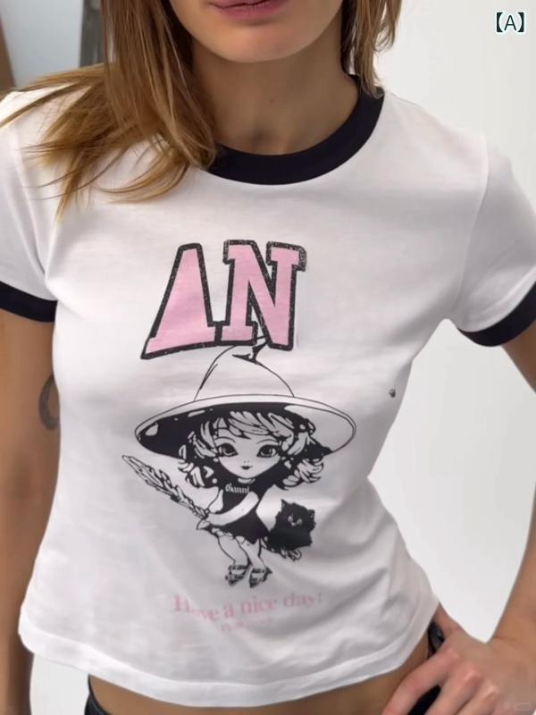 ・カテゴリ: Tシャツ・スタイル: 清新風・主な素材: 綿95%以上・ネックライン: 丸首・袖丈: 短袖・柄: プリント・カラー展開: ホワイト、ブラック・サイズ展開: S、M、L・フィット: ゆったり
