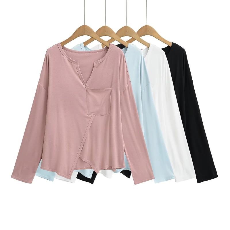 ・カテゴリ: Tシャツ・主な素材: 綿・柄: ピースカラー・袖丈: 長袖・スタイル: 御姐風・衣長: 普通款・ネックライン: Vネック・袖型: 連袖・流行要素: 螺紋・カラー展開: ブラック、ホワイト、ライトブルー、ピンク・サイズ展開: S、M