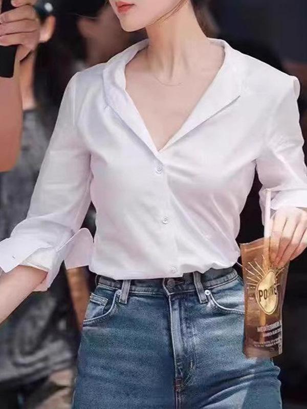 ・カテゴリ: シャツ・スタイル: 通勤風・主な素材: ポリエステル95%以上・柄: 無地・袖丈: 長袖・袖型: 通常袖・デザイン: ステッチ・カラー展開: ホワイト・サイズ展開: S、M、L、XL・フィット: ルーズフィット・着丈: 普通(...