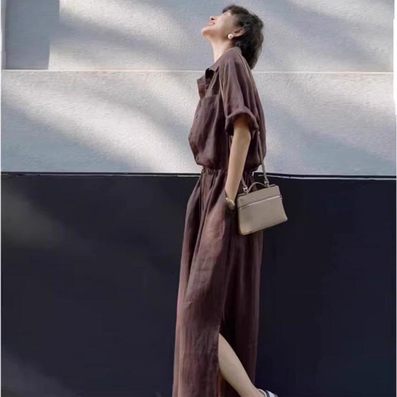 ・カテゴリ: 連衣裙・スタイル: 日韓休闲・主な素材: 綿麻70%（含）-80%（不含）・柄: 純色・カラー展開: 黒色、藏青色、駝色・サイズ展開: S、M、L、XL・ネックライン: POLO領・袖丈: 短袖・スカート丈: 中長款・スカート...