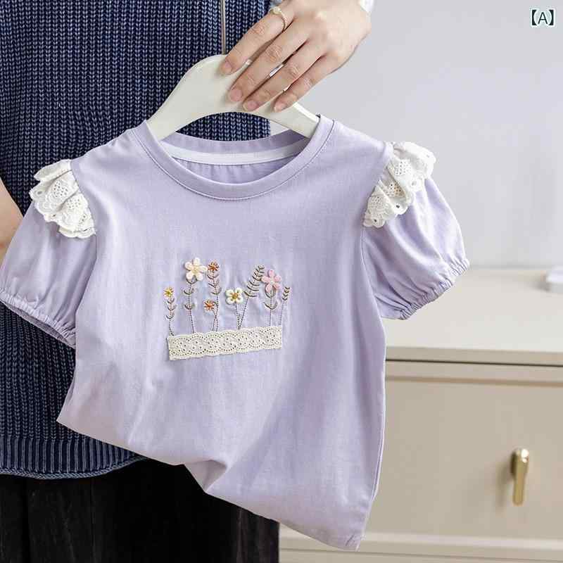 ・カテゴリ: 童Tシャツ・スタイル: カジュアル・主な素材: 綿95%・ネックライン: クルーネック・袖丈: 短袖・柄: 無地、花柄・カラー展開: 紫色、杏色・サイズ展開: 90、100、110、120、130、140・対象年齢: 中小童(...