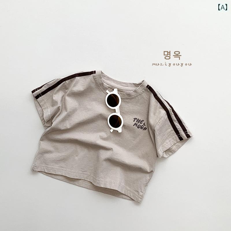 ・カテゴリ: 童Tシャツ・スタイル: 韓版・主な素材: 綿100%・袖丈: 短袖・ネックライン: 丸首・柄: 字母・カラー展開: 米色、浅灰色・サイズ展開: 80、90、100、110、120、130・機能: 吸湿排汗
