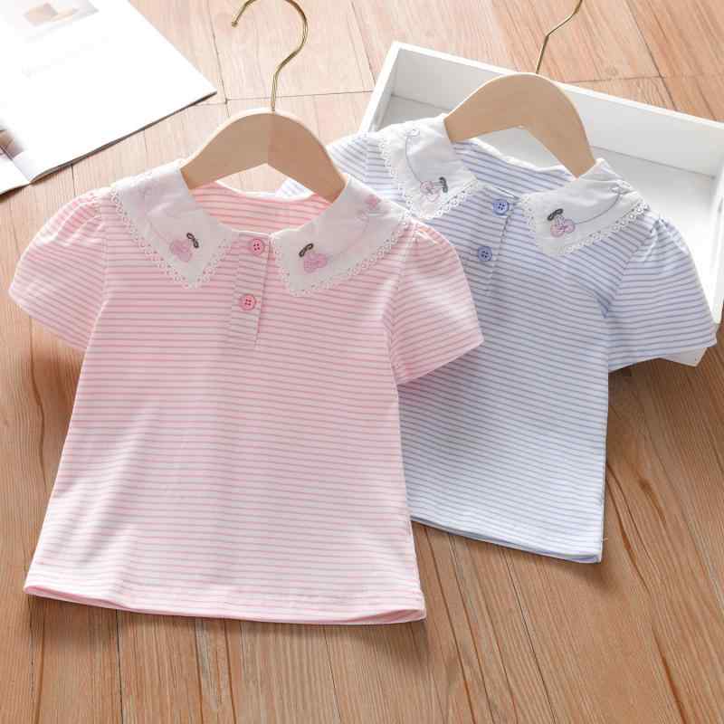 ・カテゴリ: 女児Tシャツ・スタイル: 甘め・主な素材: 綿95%・袖丈: 短袖・ネックライン: クルーネック・柄: ストライプ・カラー展開: ピンク、ブルー・サイズ展開: 90cm、100cm、110cm、120cm、130cm、140c...