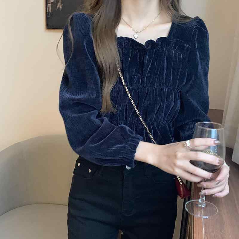 ・カテゴリ: Tシャツ・スタイル: 韓系風・主な素材: ポリエステル30-50%・柄: 幾何学柄・袖丈: 長袖・袖型: ランプシェード袖・衣丈: 短丈(40-50cm)・ネックライン: スクエアネック・カラー展開: アプリコット、ブルー・サ...