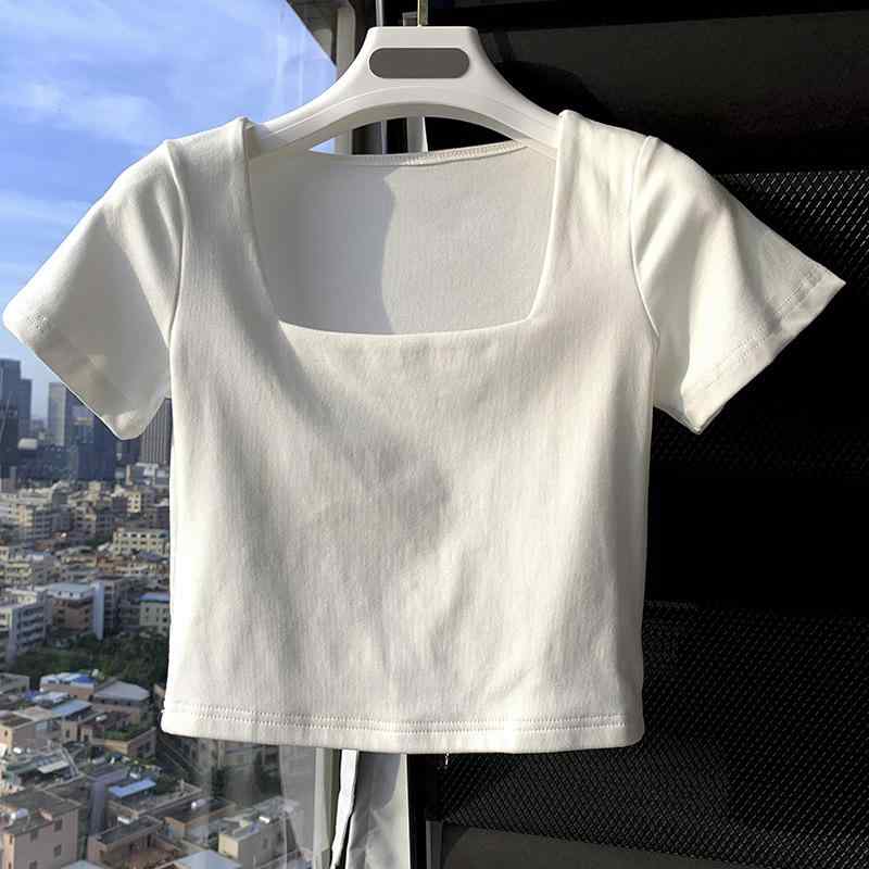 ・カテゴリ: Tシャツ・スタイル: 少女風・主な素材: 綿80%以上・主な素材2: 氨纶30%未満・柄: 無地・袖丈: 短袖・版型: 修身型・着丈: 短款・ネックライン: 方領・袖型: 標準・流行要素: 露脐・カラー展開: 白色空白款, 黒...